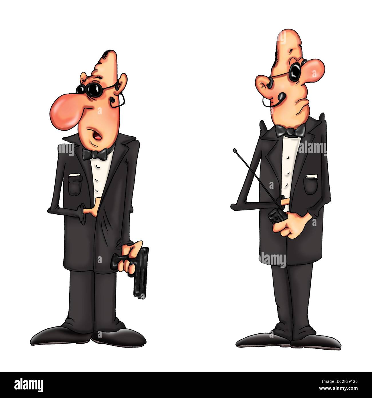 Cartoon bodyguards in black suits and weapons. Illustration for design ...