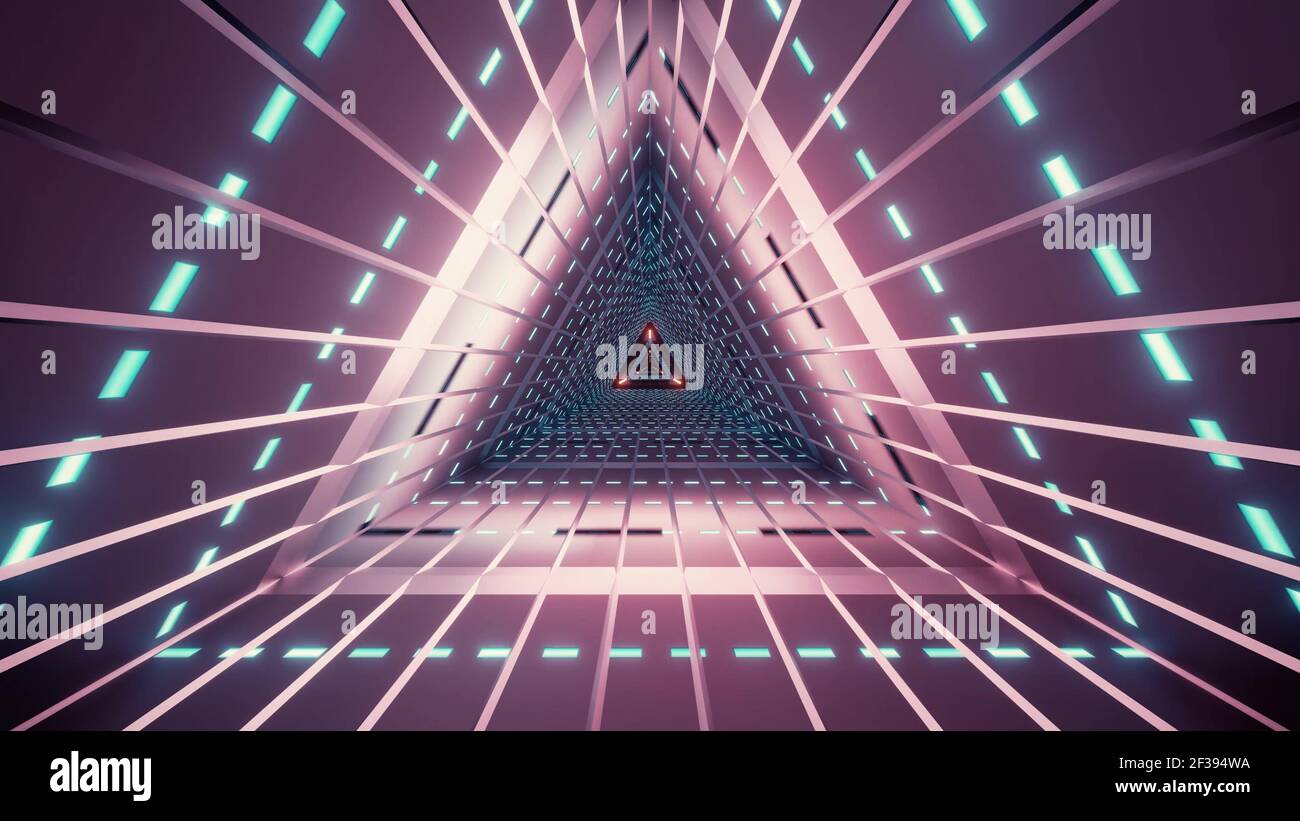 A digital illustration of a purple triangular futuristic hallway - a ...
