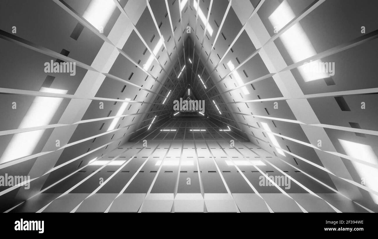 A digital illustration of a grayscale triangular futuristic hallway ...