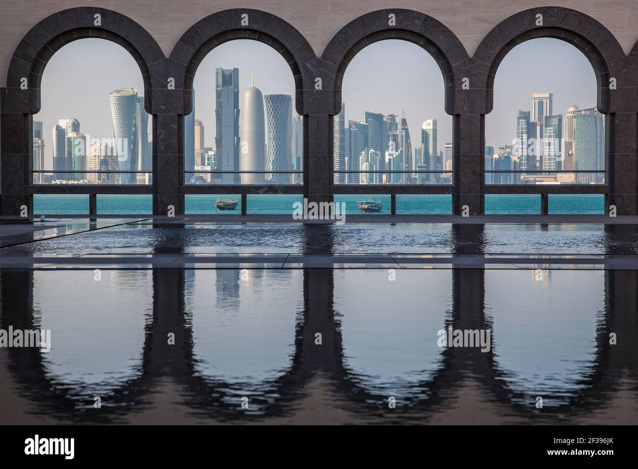 Doha,Qatar, May,6,2018 : View on Skyline through the arches of the ...