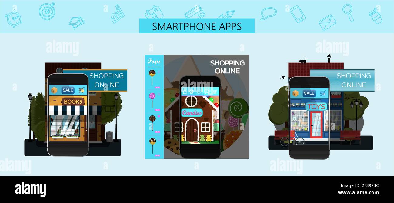 A set of pages for mobile app stores. Vector cartoon illustration. Ads ...