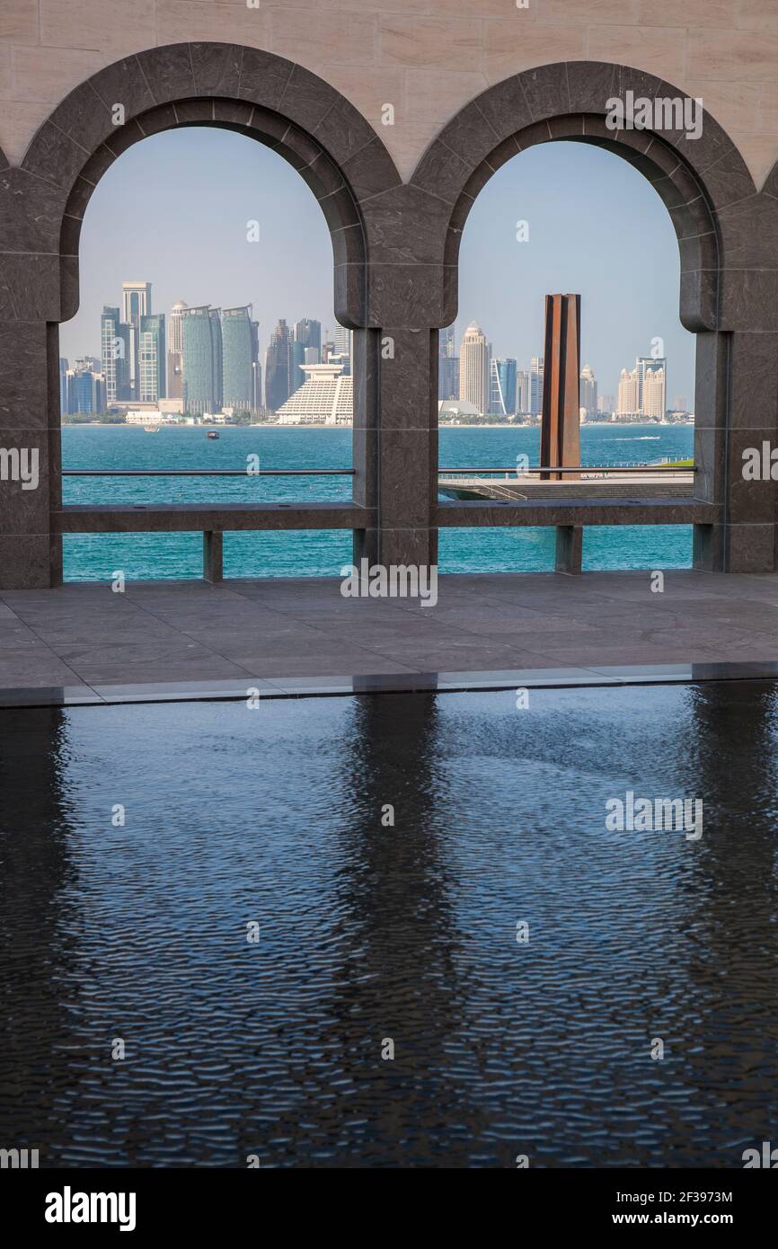 Doha,Qatar, May,6,2018 : View on Skyline through the arches of the ...