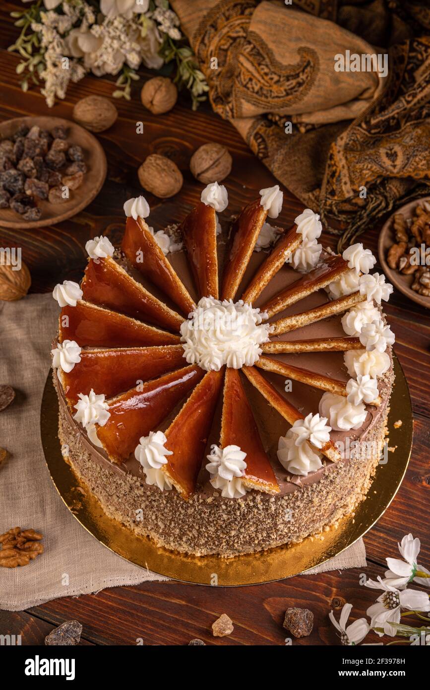 Tasty Hungarian Dobosh torte with caramel decoration Stock Photo - Alamy