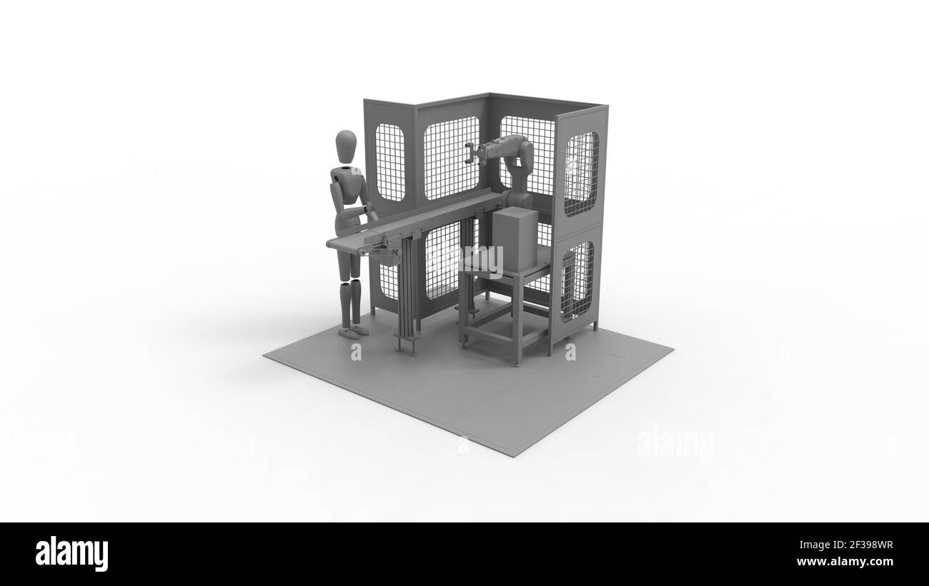 3D rendering of a factory assembly line worker dummy on a conveyor belt ...