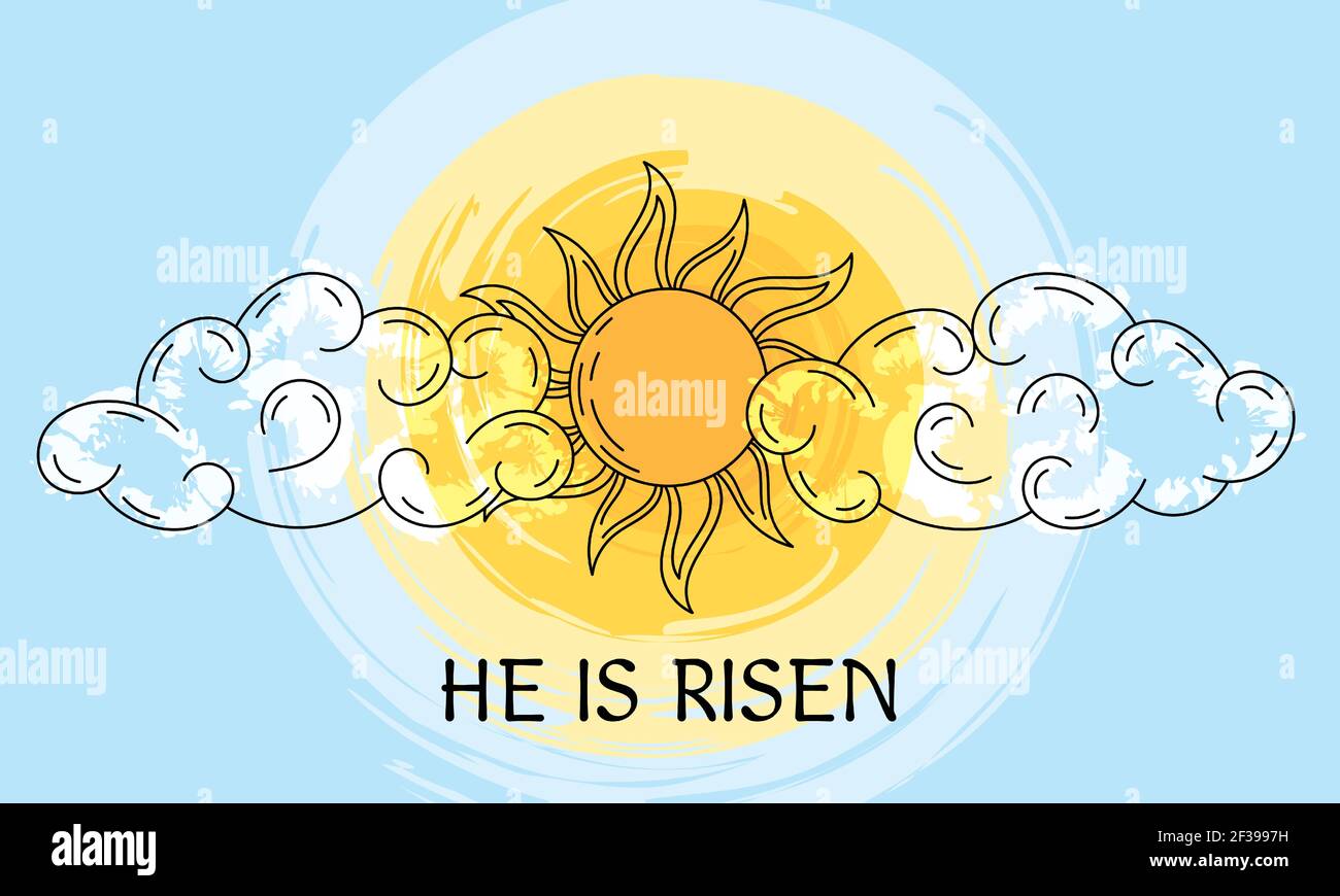 Vector sky, sun and clouds with the inscription he is risen ...