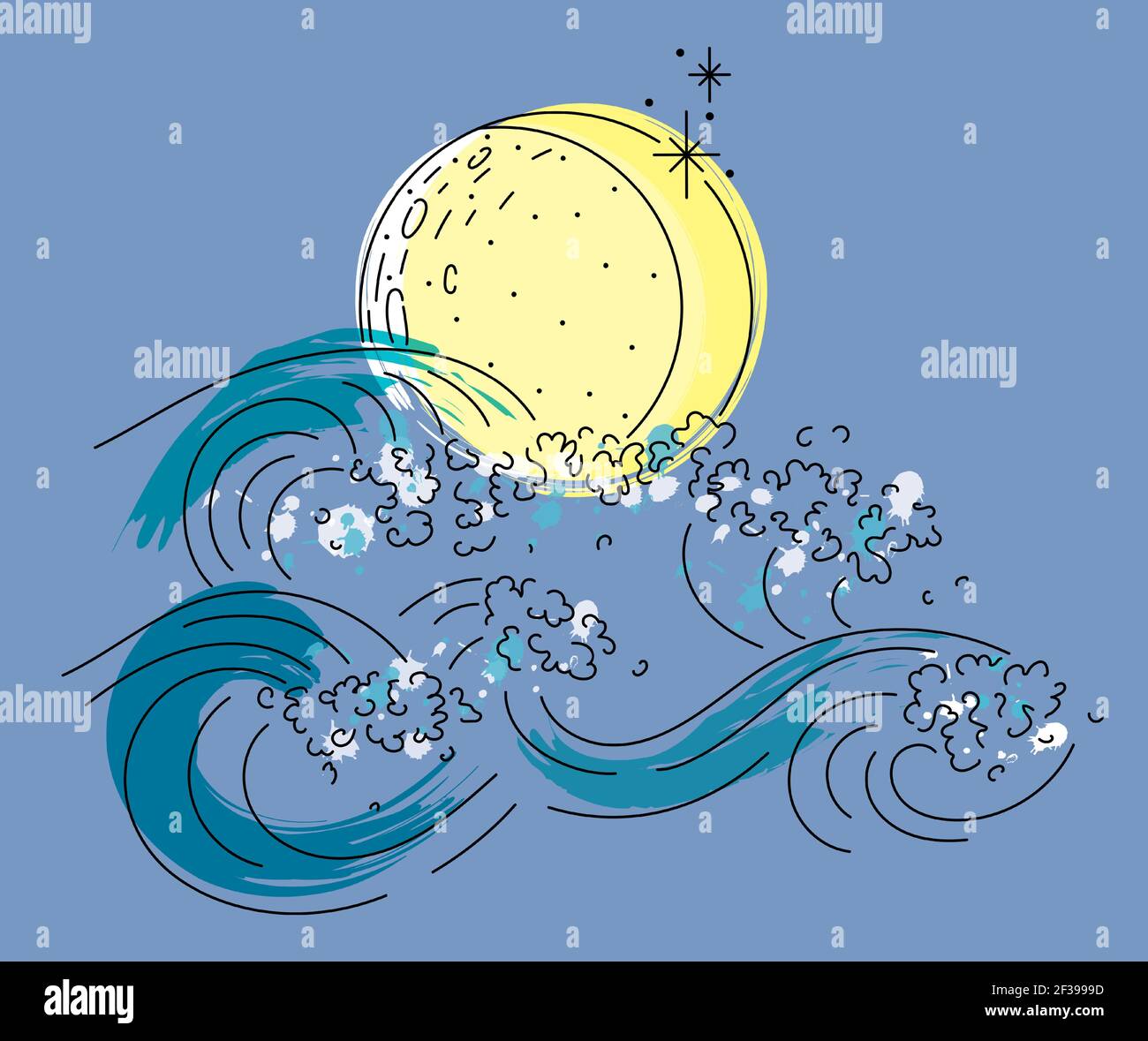 Vector illustration of line art sea waves at night and the moon ...