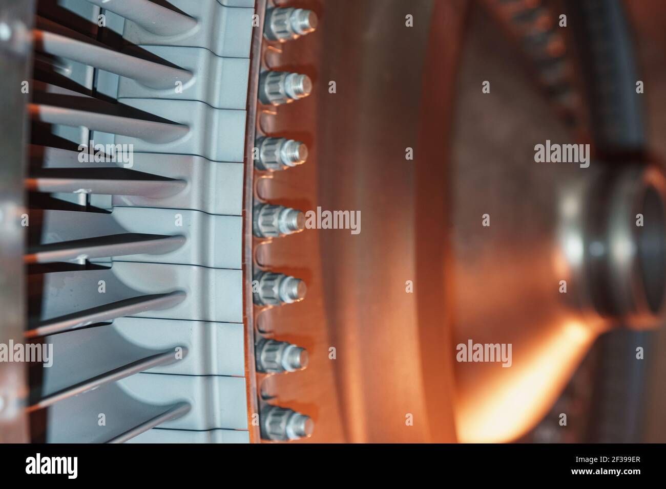 A rotor disc with blades of a turbojet gas turbine engine, inside view ...