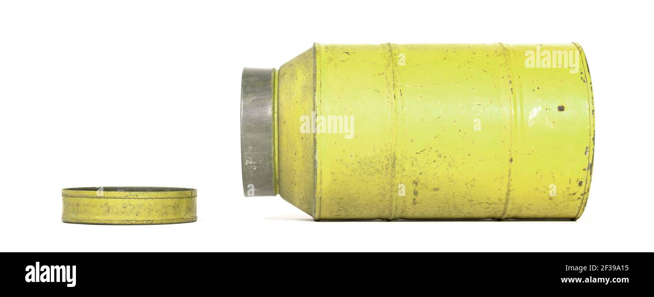Old nostalgic can isolated on white - Yellow can Stock Photo - Alamy