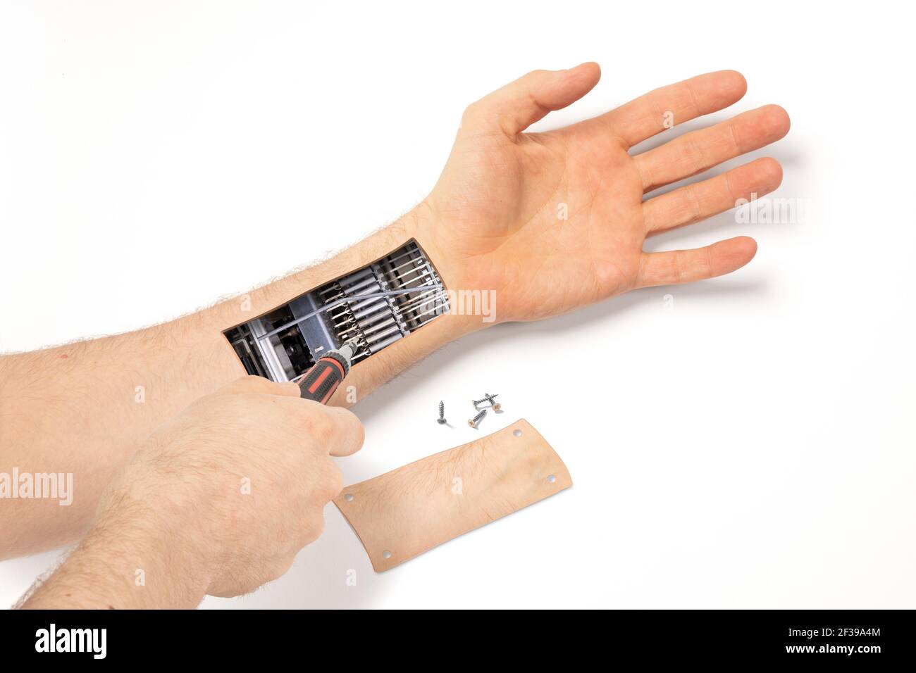 Robot hand inside human hand - Prosthesis concept, repairing, isolated ...