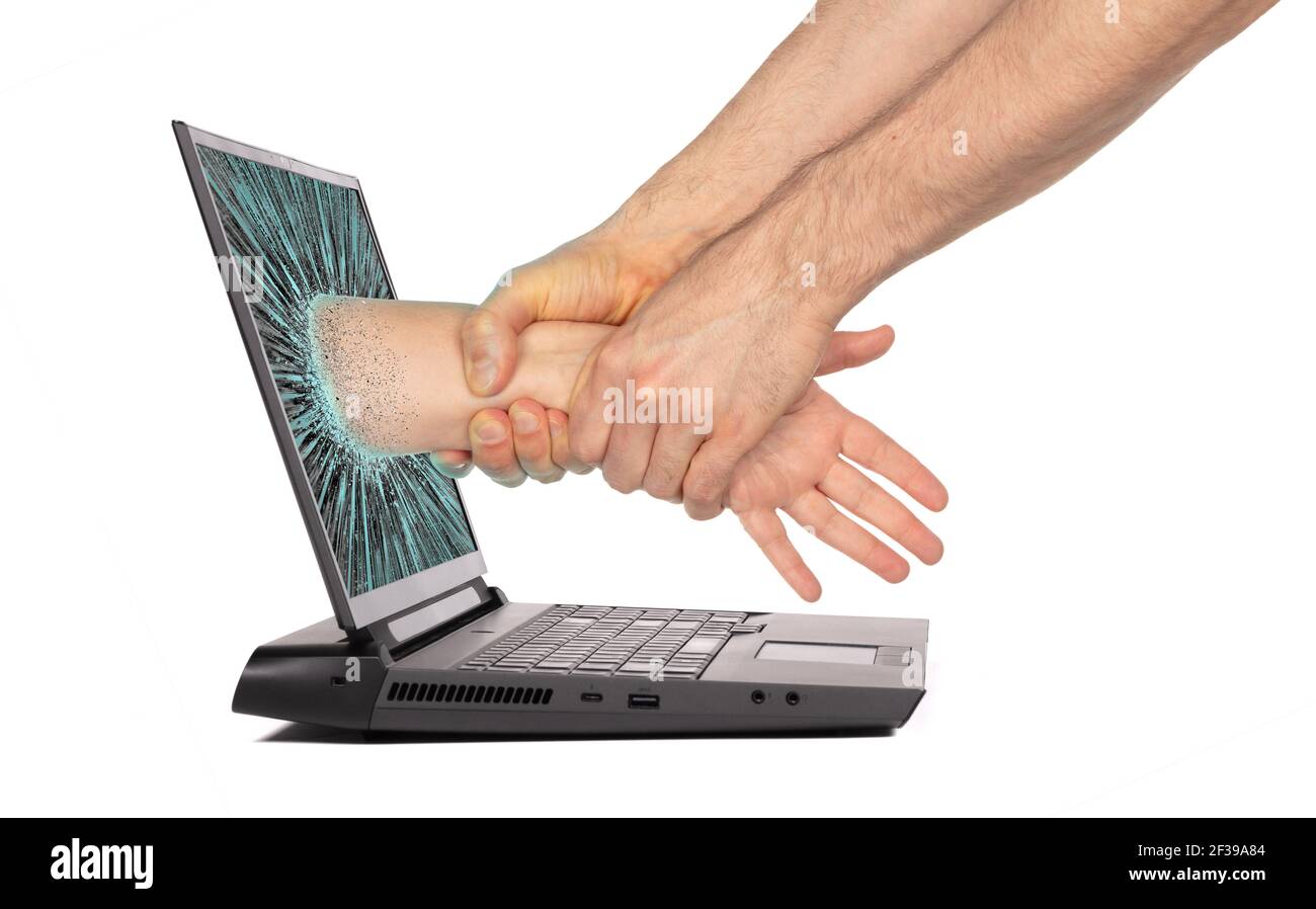 Man pulling someone through the laptop screen, isolated on white Stock ...
