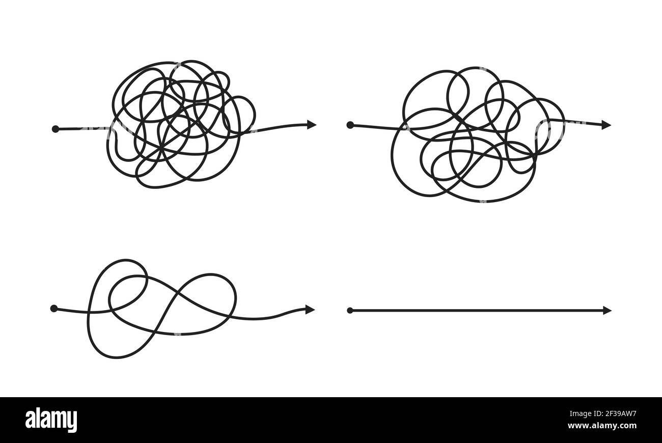 Complex and easy simple way from start to end vector illustration set. Chaos simplifying ...