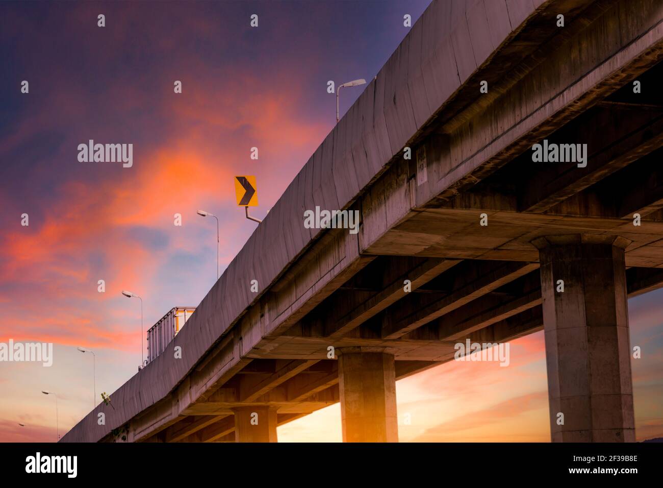 Bottom view of elevated concrete highway. Overpass concrete road. Road ...