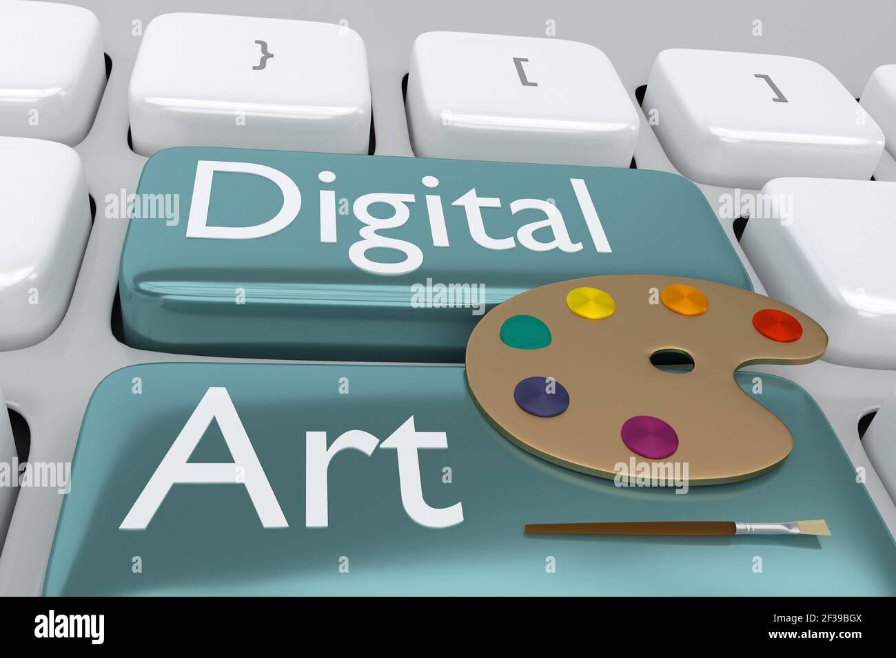 3D illustration of palette and brush placed on computer keyboard with ...