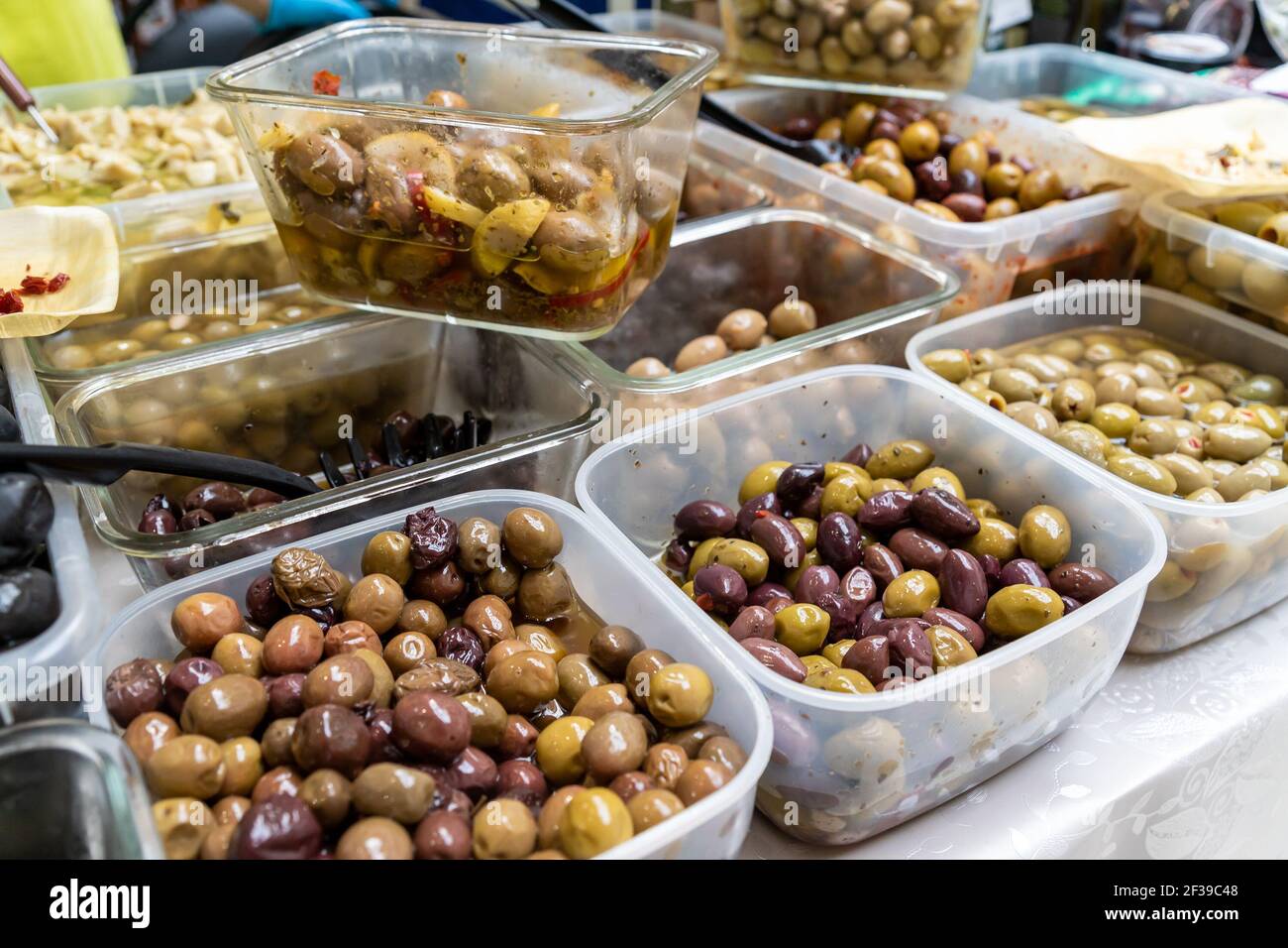 Assortment of Olives being sold at a traditional farmers street market ...