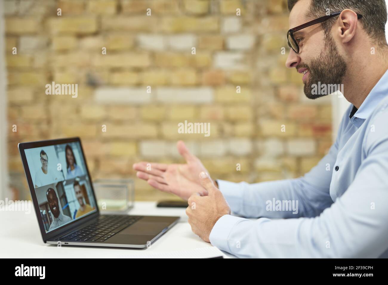 New modern way of performing corporative meetings Stock Photo - Alamy