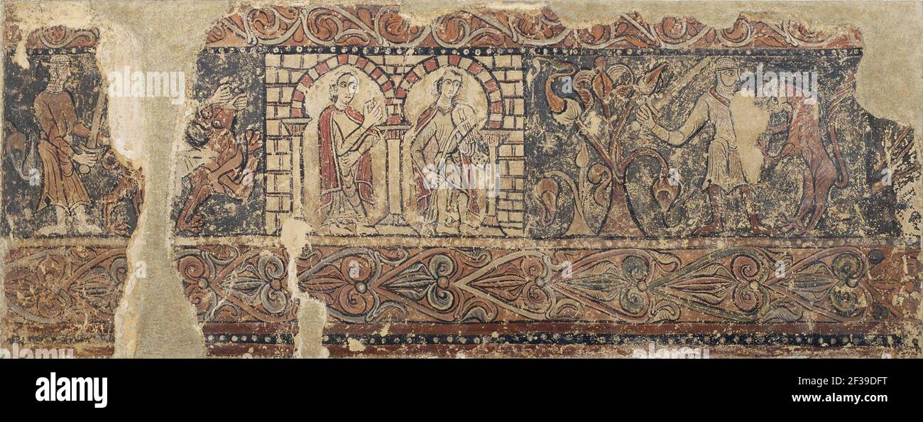 Profane paintings from Sigena- Lady and minstrel in a palace and lion ...