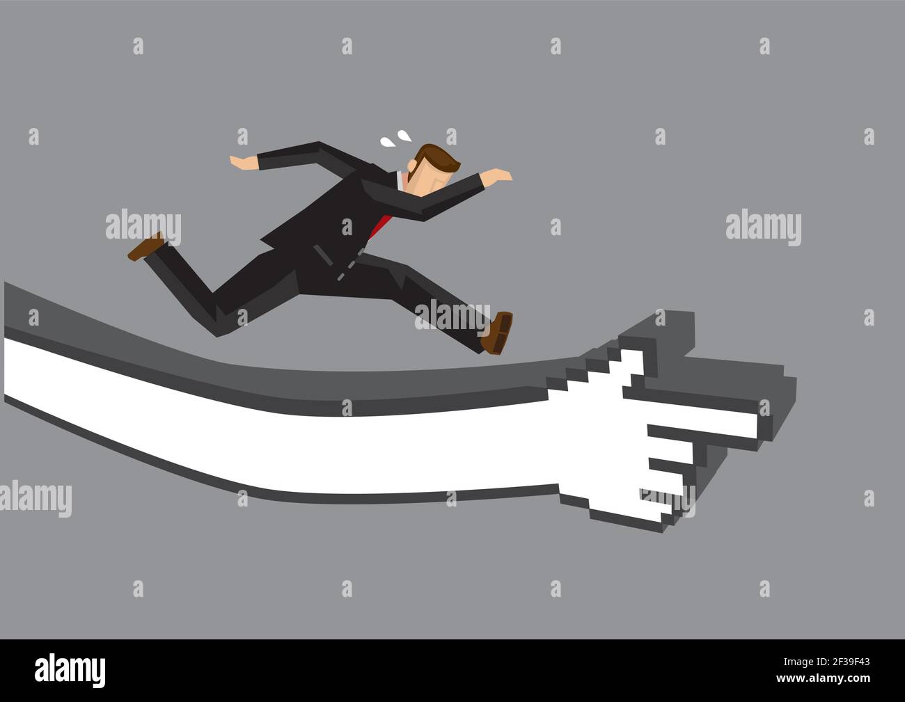 Businessman running on a track making out from a digital hand. Vector ...