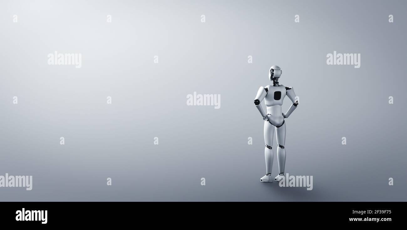 Standing humanoid robot looking forward on clean background 3D ...