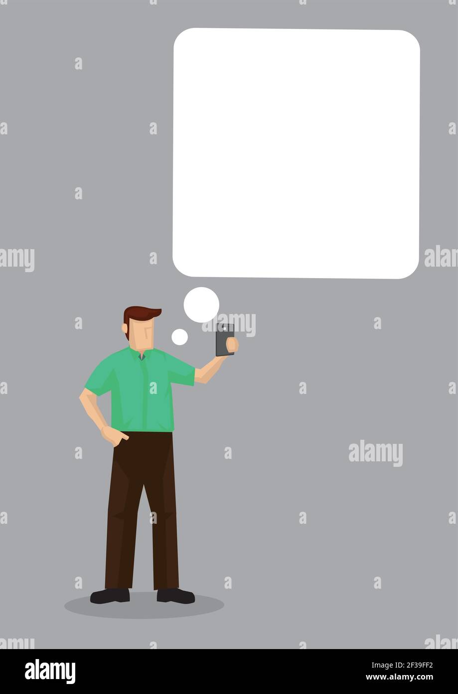 Man with a mobile phone with an empty thinking bubble. Flat isolated ...