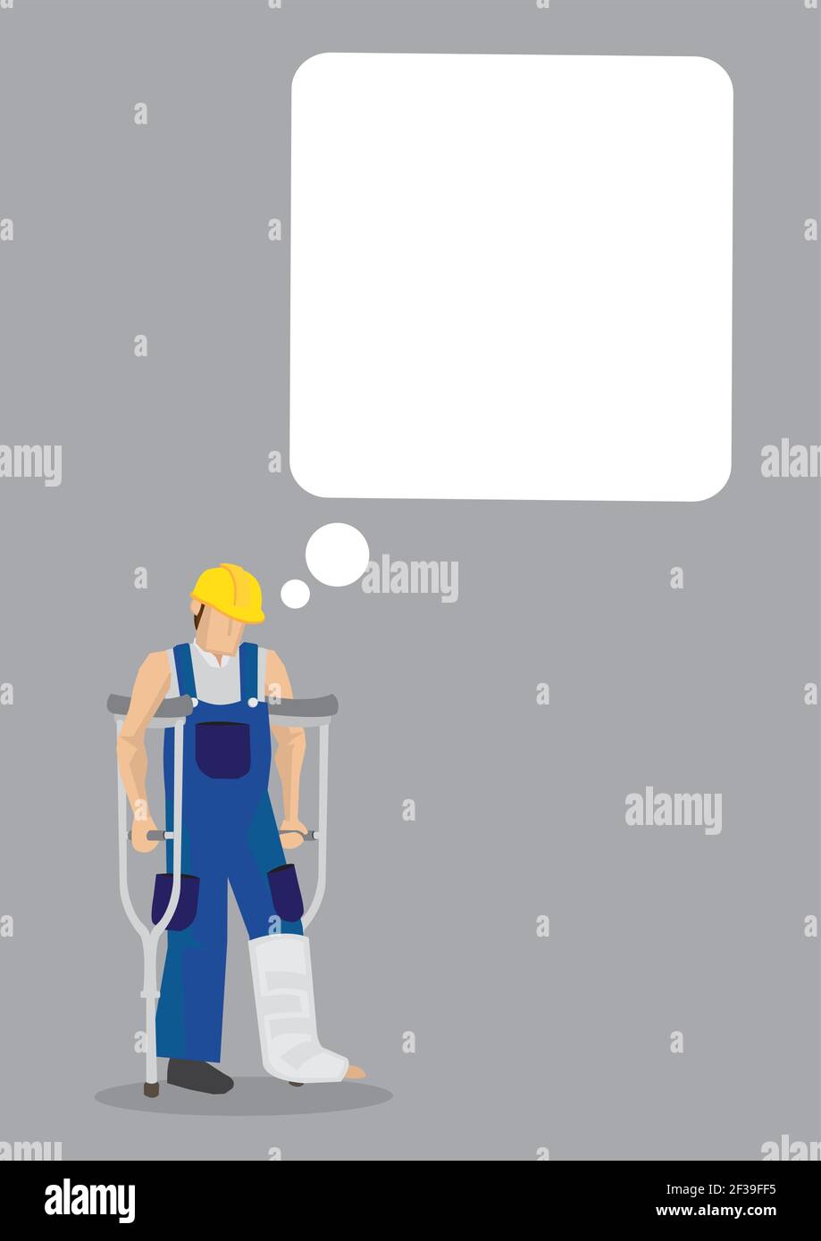 Injured construction worker with blank thinking bubble with empty copy space on grey background ...