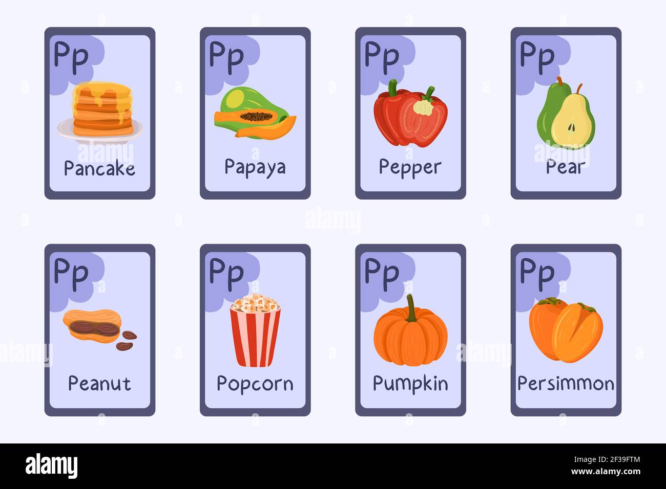 Colorful alphabet flashcard Letter P - pancake, papaya, pear, peanut ...