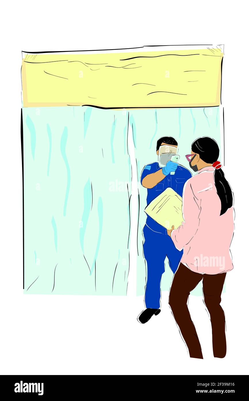 Vector Hand Draw Sketch, Queues People, Body Temperature Check Before ...