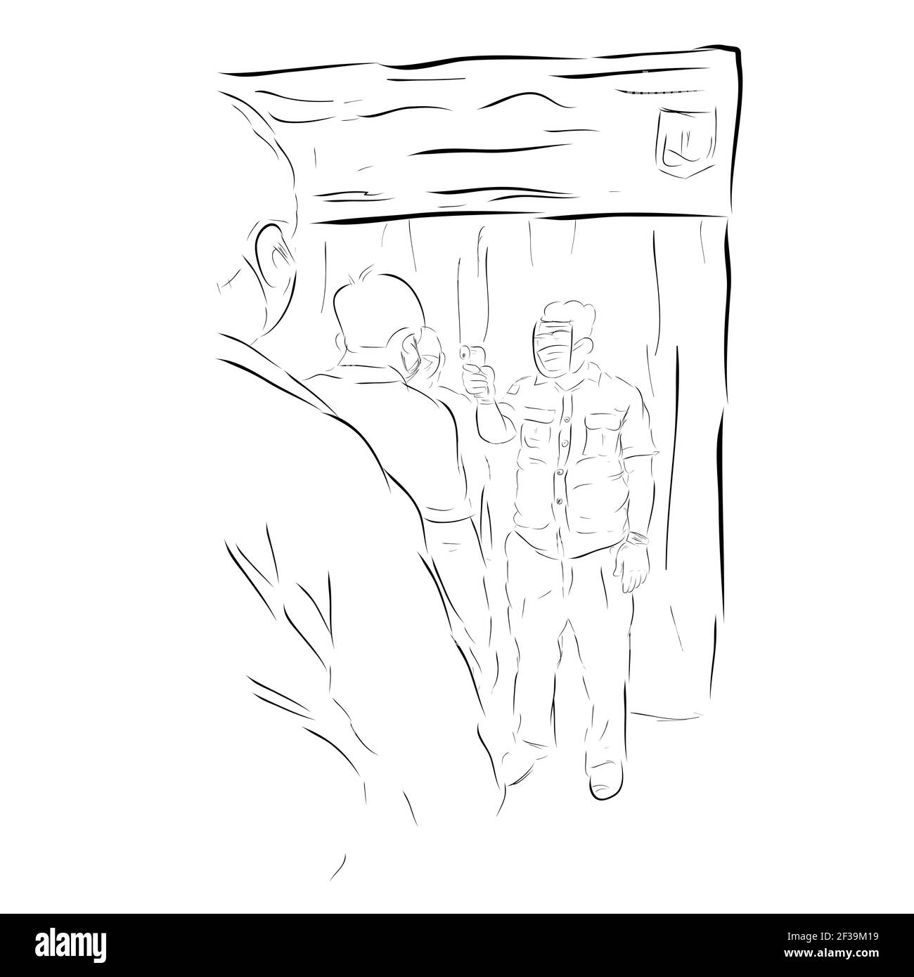Vector Hand Draw Sketch, Queues People, Body Temperature Check Before ...