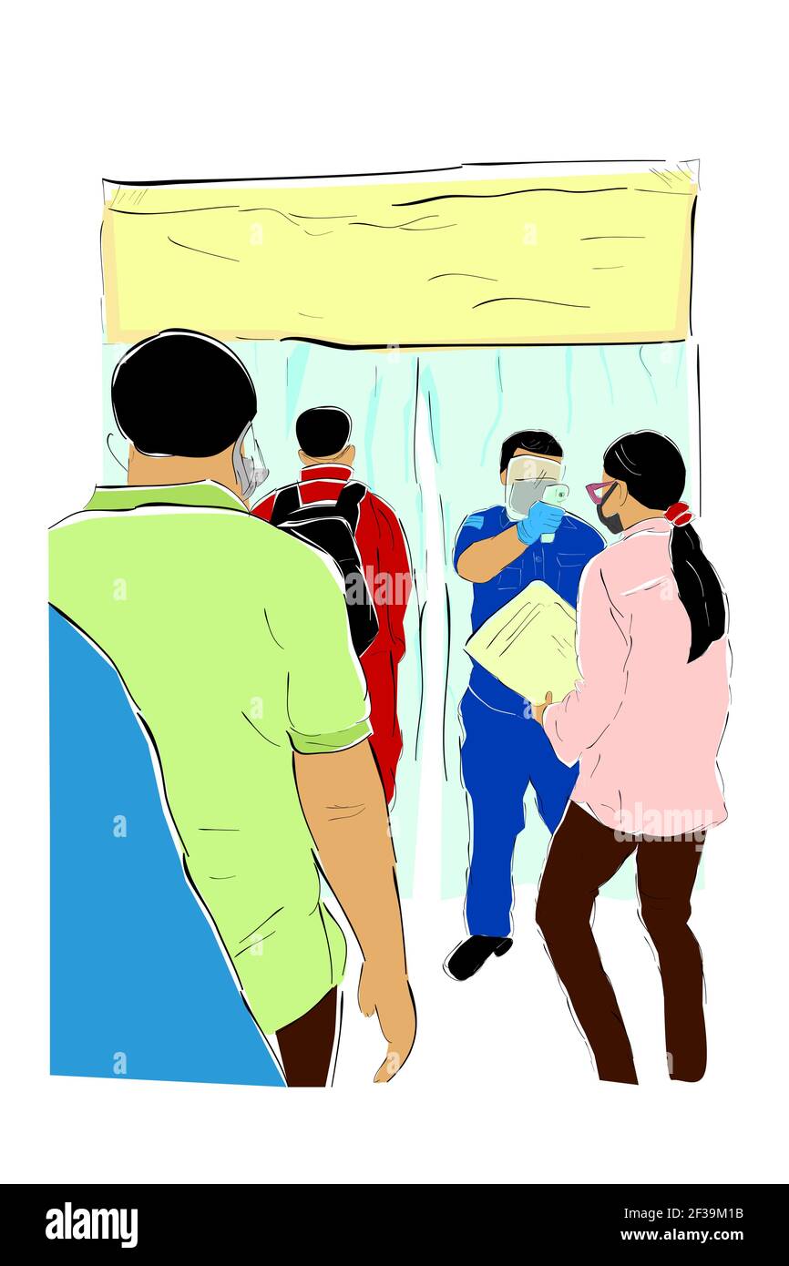 Vector Hand Draw Sketch, Queues People, Body Temperature Check Before ...