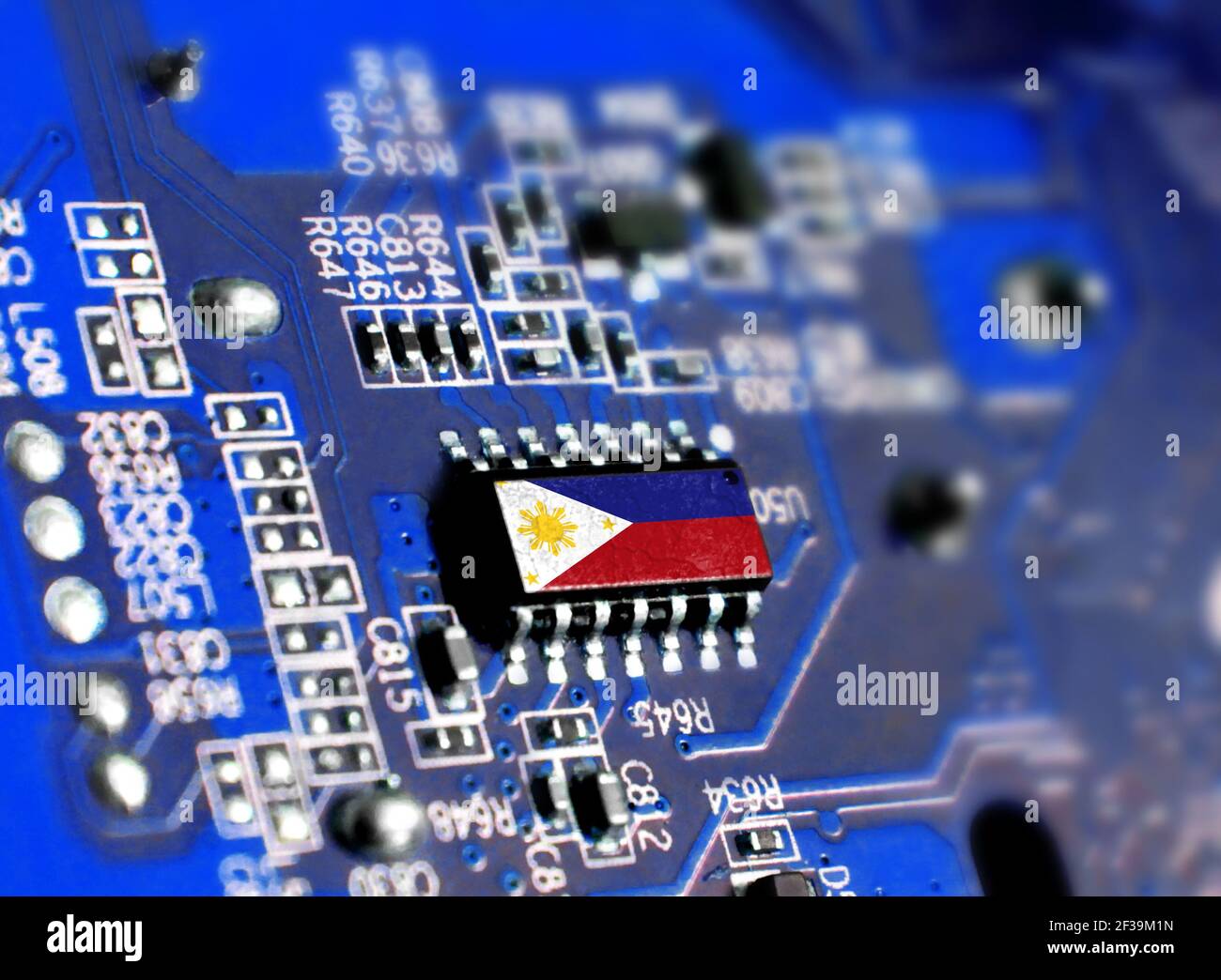 Electronic board with embedded microchip and shown flag of Philippines ...