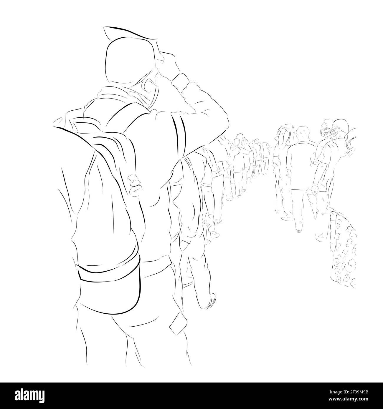Vector Hand Draw Sketch, Queues that violate health protocols during a ...
