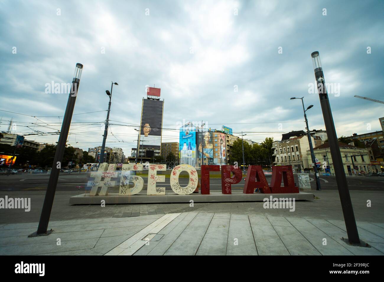 Low angle view of Beograd tourist sign in capital letters in city of ...