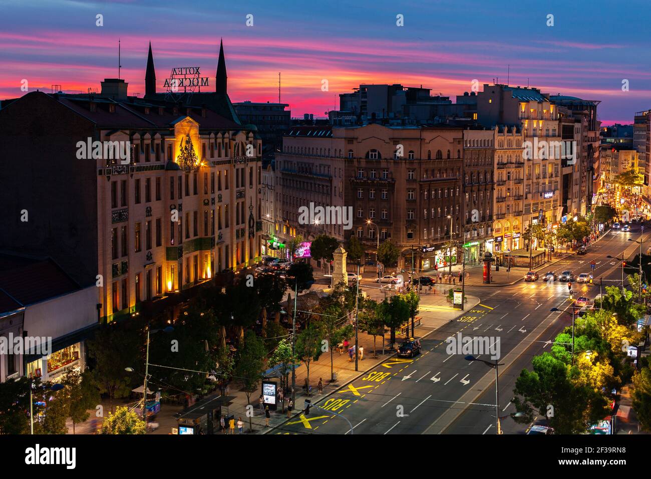 Exterior view of Hotel Moskva on Terazije Square at night in Belgrade ...