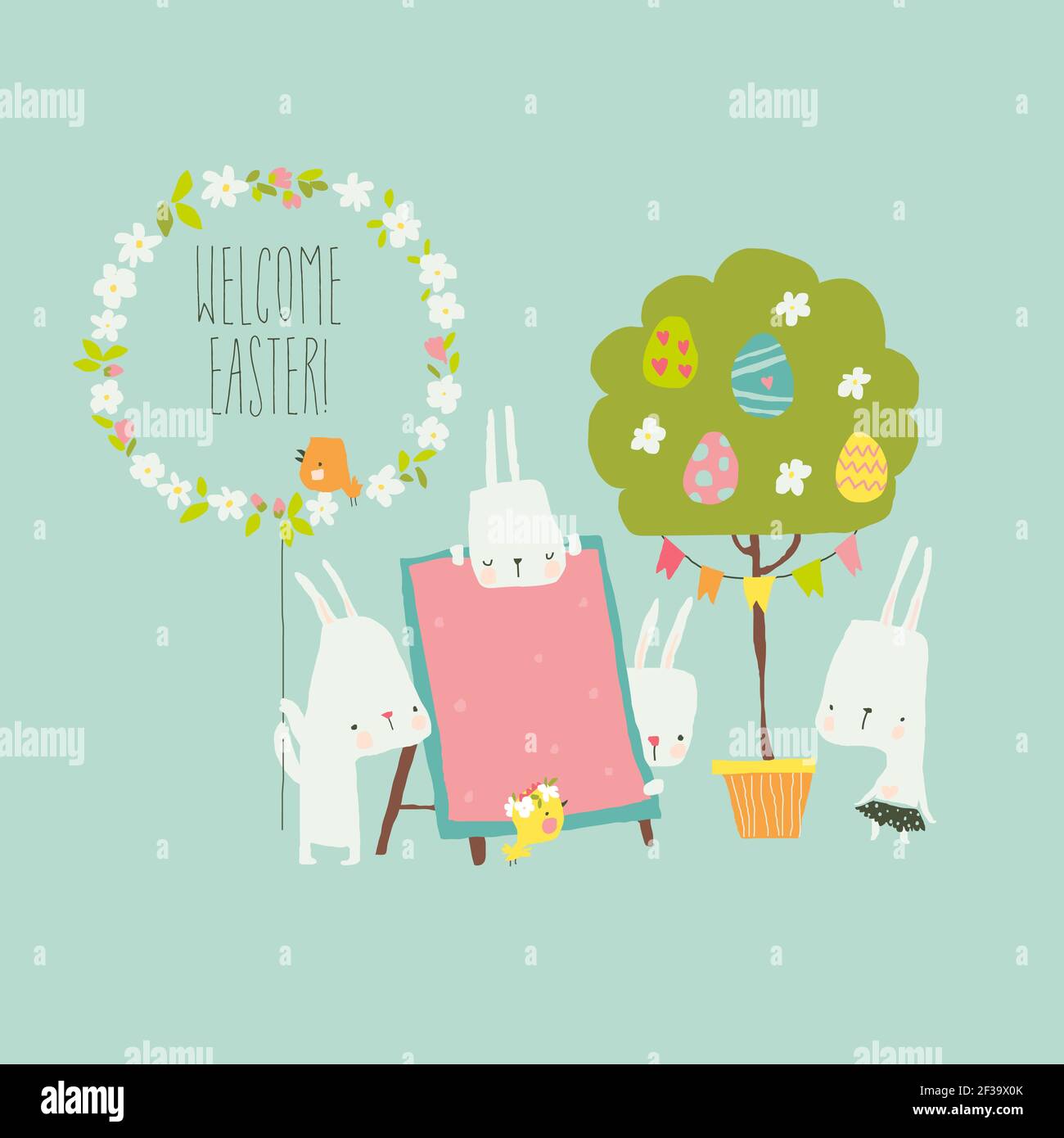 Cartoon Easter illustration with rabbits and easter eggs Stock Vector ...