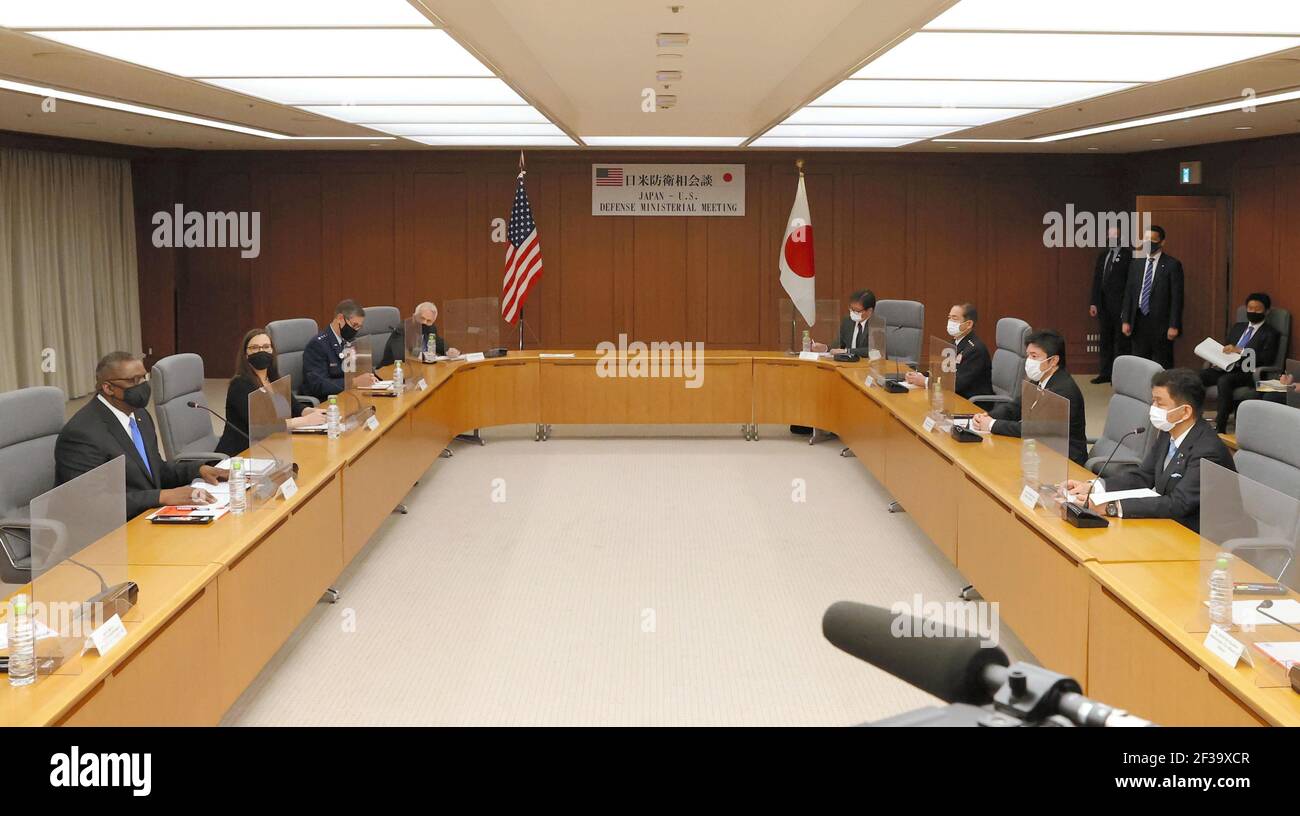Tokyo, Japan. 16th Mar 2021. U.S. Defense Secretary Lloyd Austin (far L ...