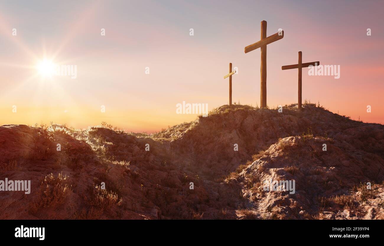 Three Crosses On A Hill At Sunset