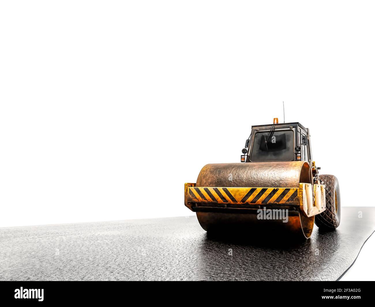 3d rendering of road roller leveling fresh asphalt pavement on white ...