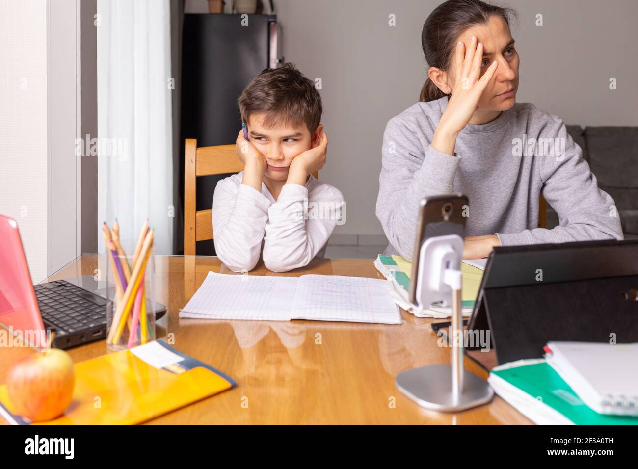 family spending time together while doing homework online, remote ...