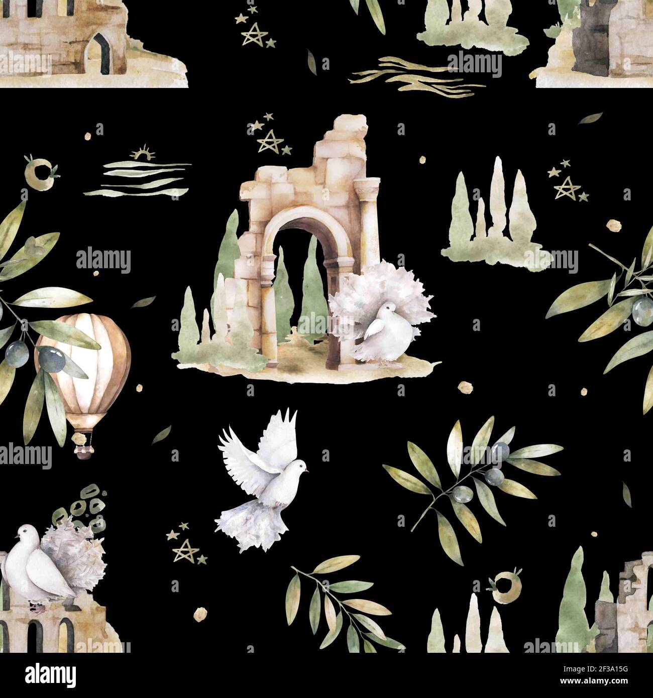 Dove seamless pattern clip art with olive leaves watercolor bird fly ...