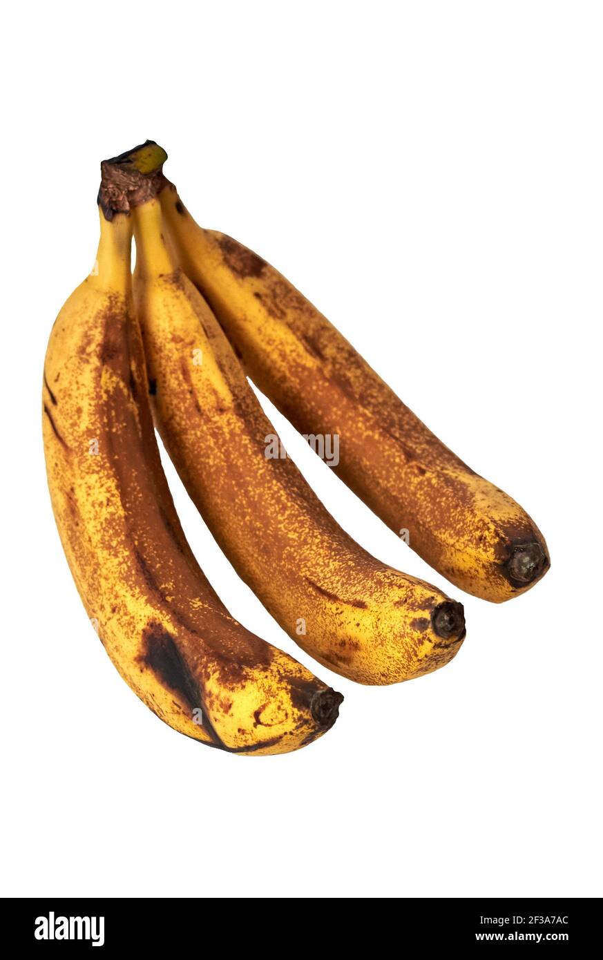 Three overripe bananas in brown spots isolated on white background ...