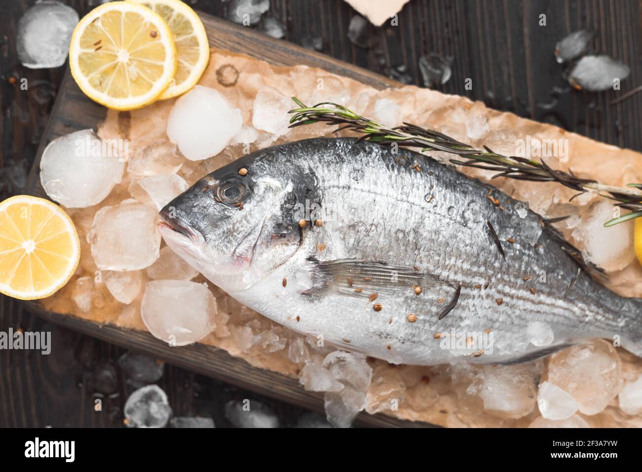 Raw dorada fish or gilt-head bream on ice with lemon slices and ...