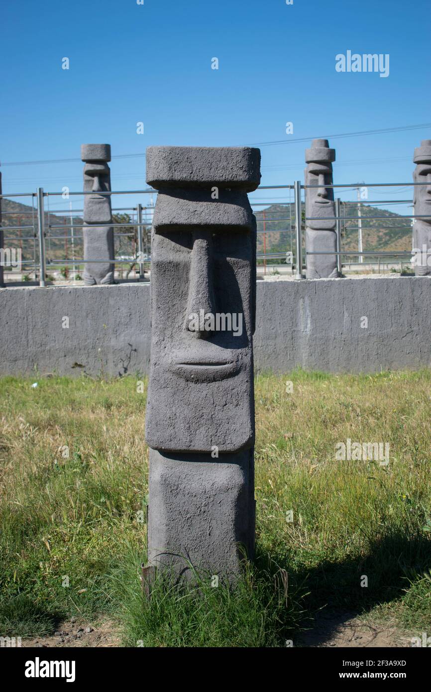 SANTIAG, CHILE - Jul 04, 2019: Close up to a scale model of a moai ...