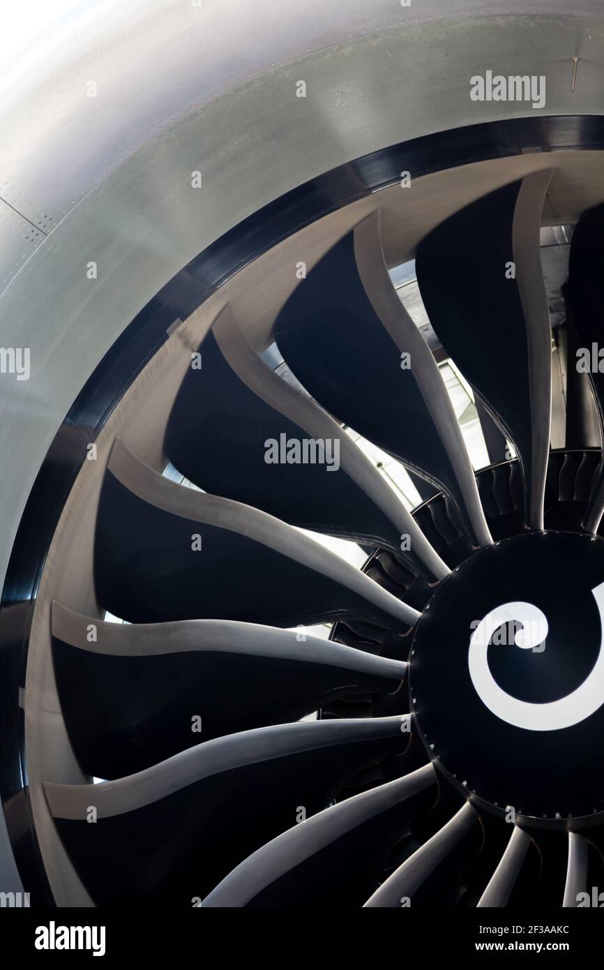 Turbine blades of an aircraft jet engine. Close up Turbines Engine ...