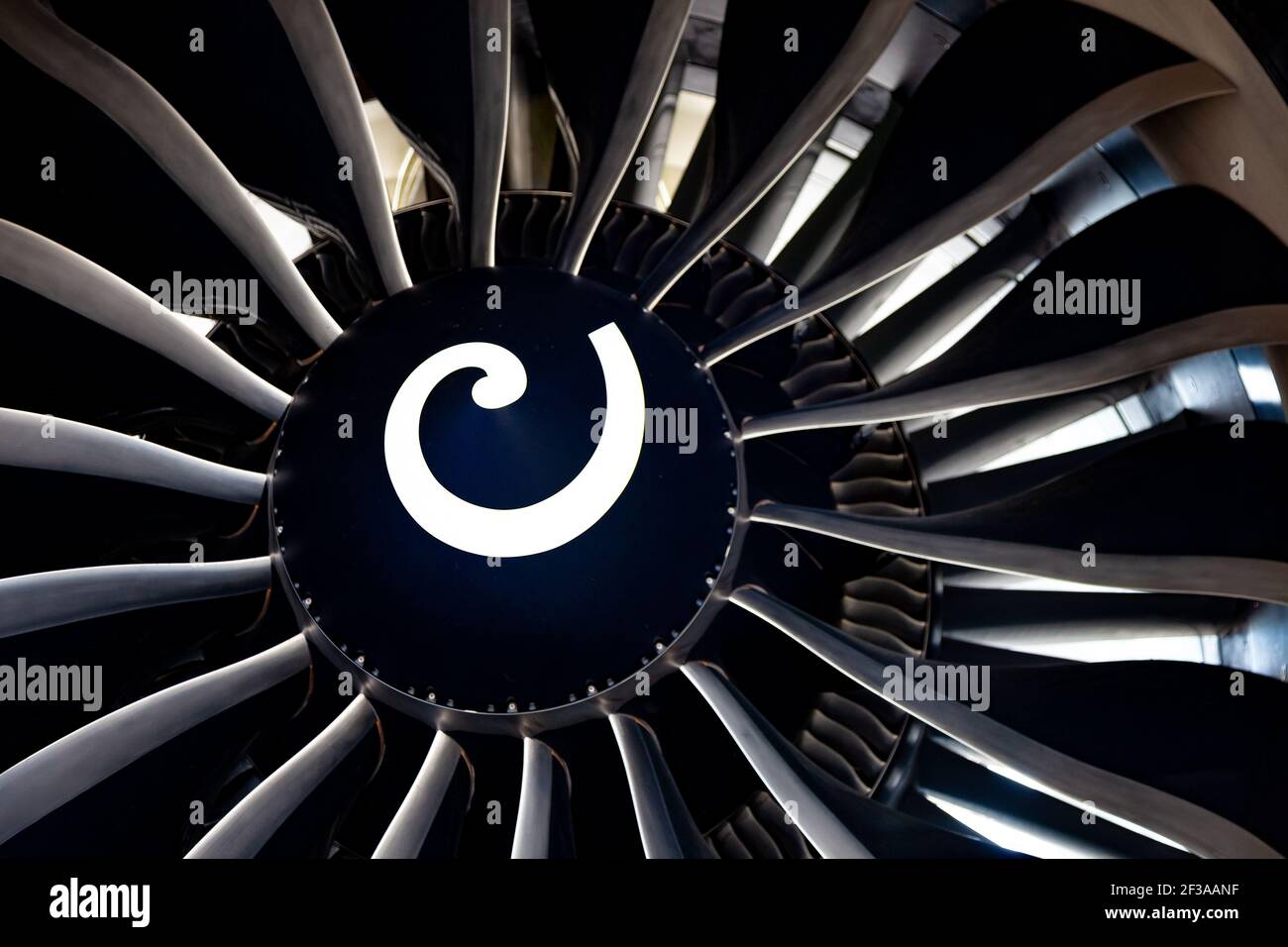 Turbine blades of an aircraft jet engine. Close up Turbines Engine ...