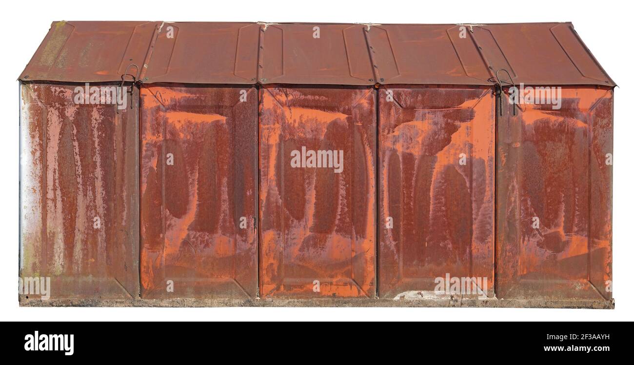 A storage shed made of rusty steel sheets. Isolate on white Stock Photo ...