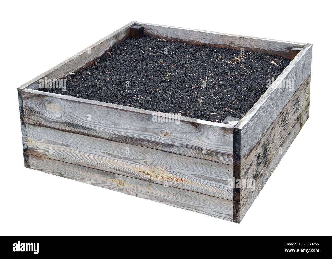 Aged wooden box filled with soil for growing plants. Isolated on white ...