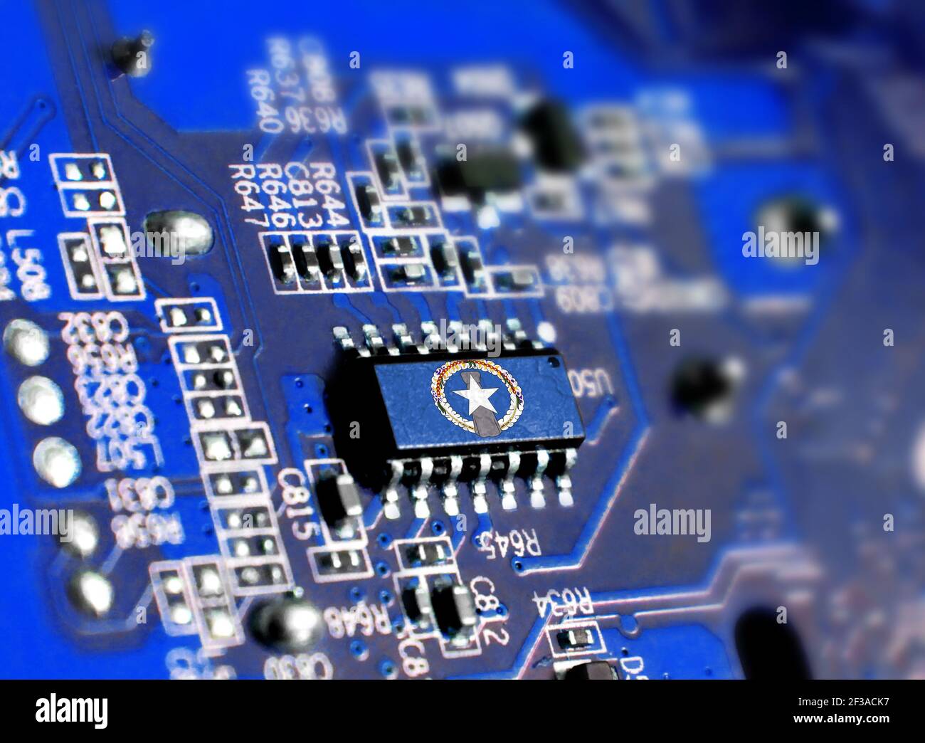 Electronic board with embedded microchip and shown flag of Northern ...