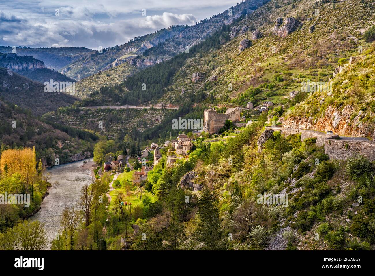 Village of Sainte-Enimie, river Tarn, Gorges du Tarn, Massif Central ...