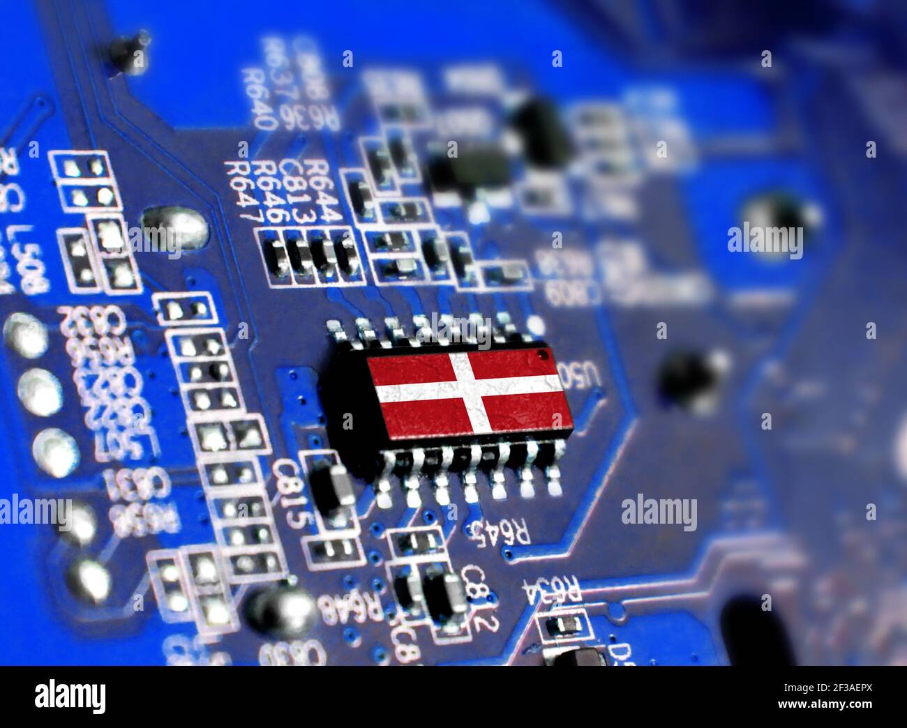 Electronic board with embedded microchip and shown flag of Sovereign ...