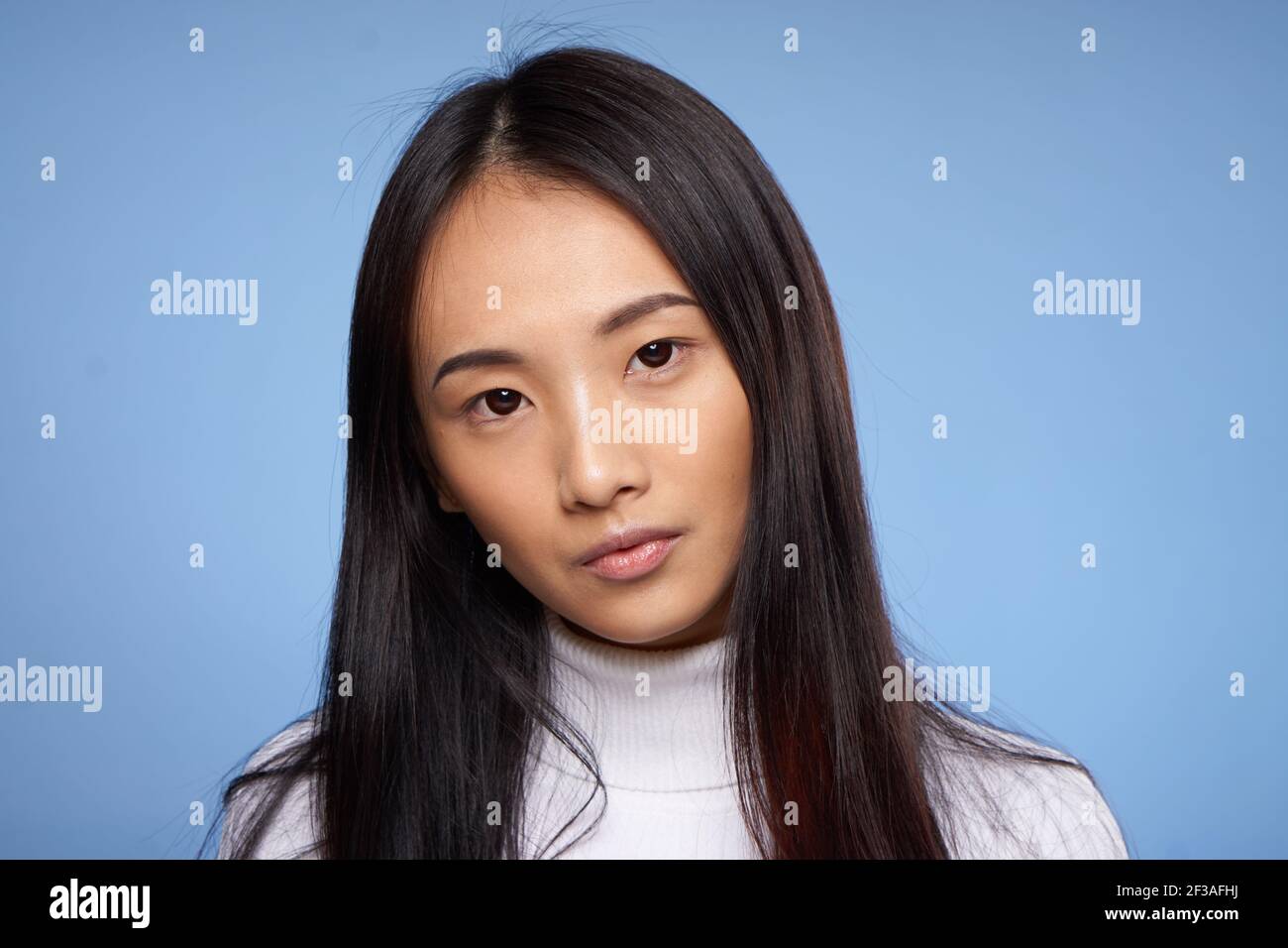 Pretty Woman Asian Appearance Attractive Look Cropped View Blue