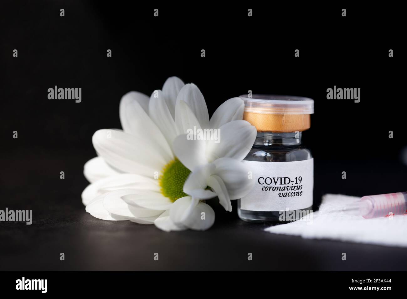 Vial with COVID-19 vaccine, white daisy, syringe on a sterile gauze ...